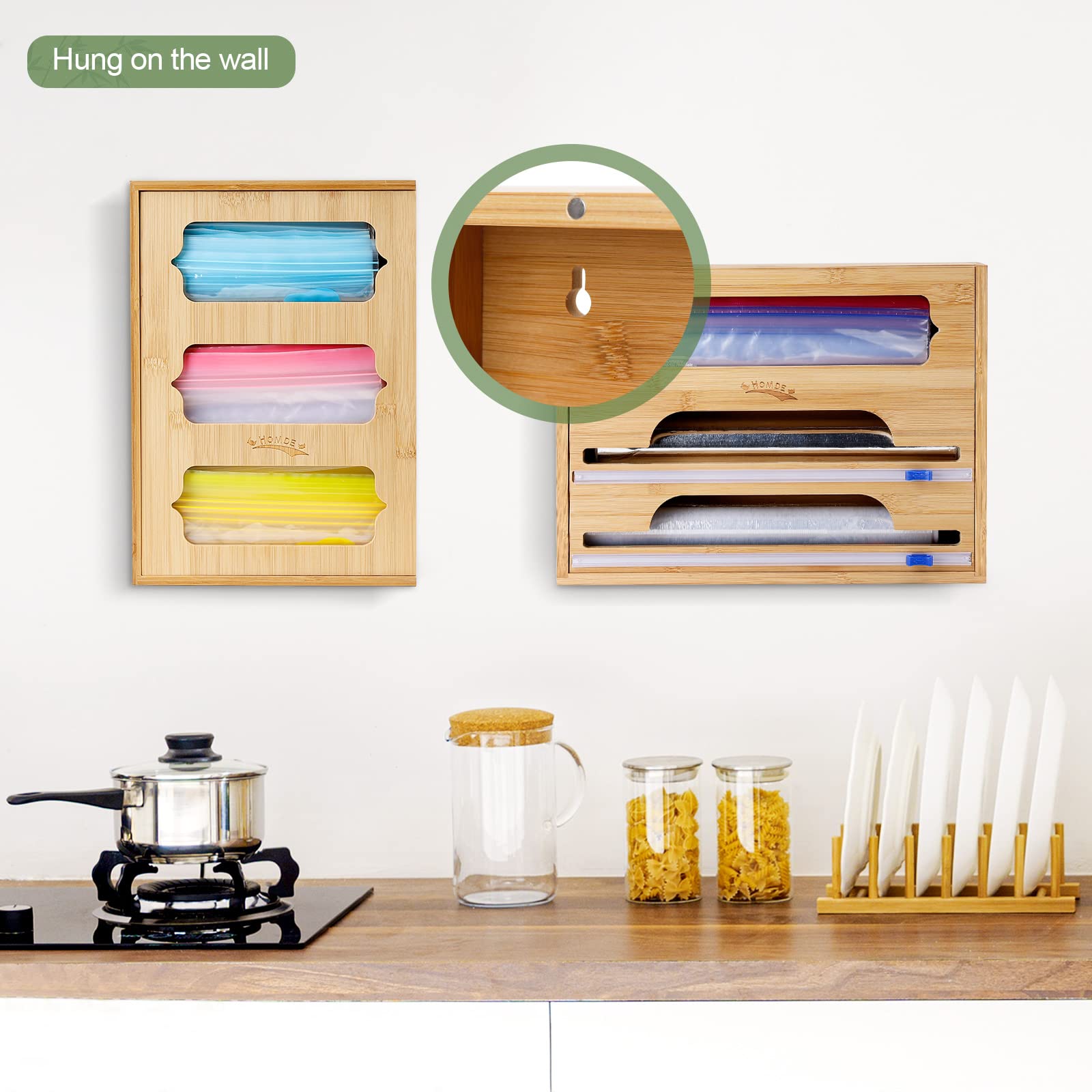 Homde Ziplock Bag Organizer Bamboo, Foil and Plastic Wrap Organizer with Cutter for Kitchen Drawer, Plastic Bag Storage for Gallon,Quart,Sandwich,Snack