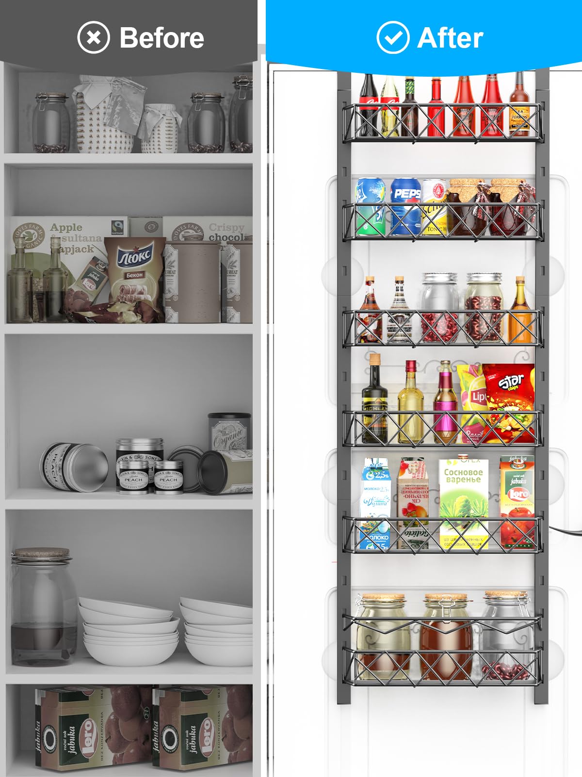 Fulpower Over the Door Pantry Organizer, 6+1 Pantry Door Organizer with Adjustable Basket, Metal Spice Rack Storage for Kitchen Pantry Black (Black 6 Tier)
