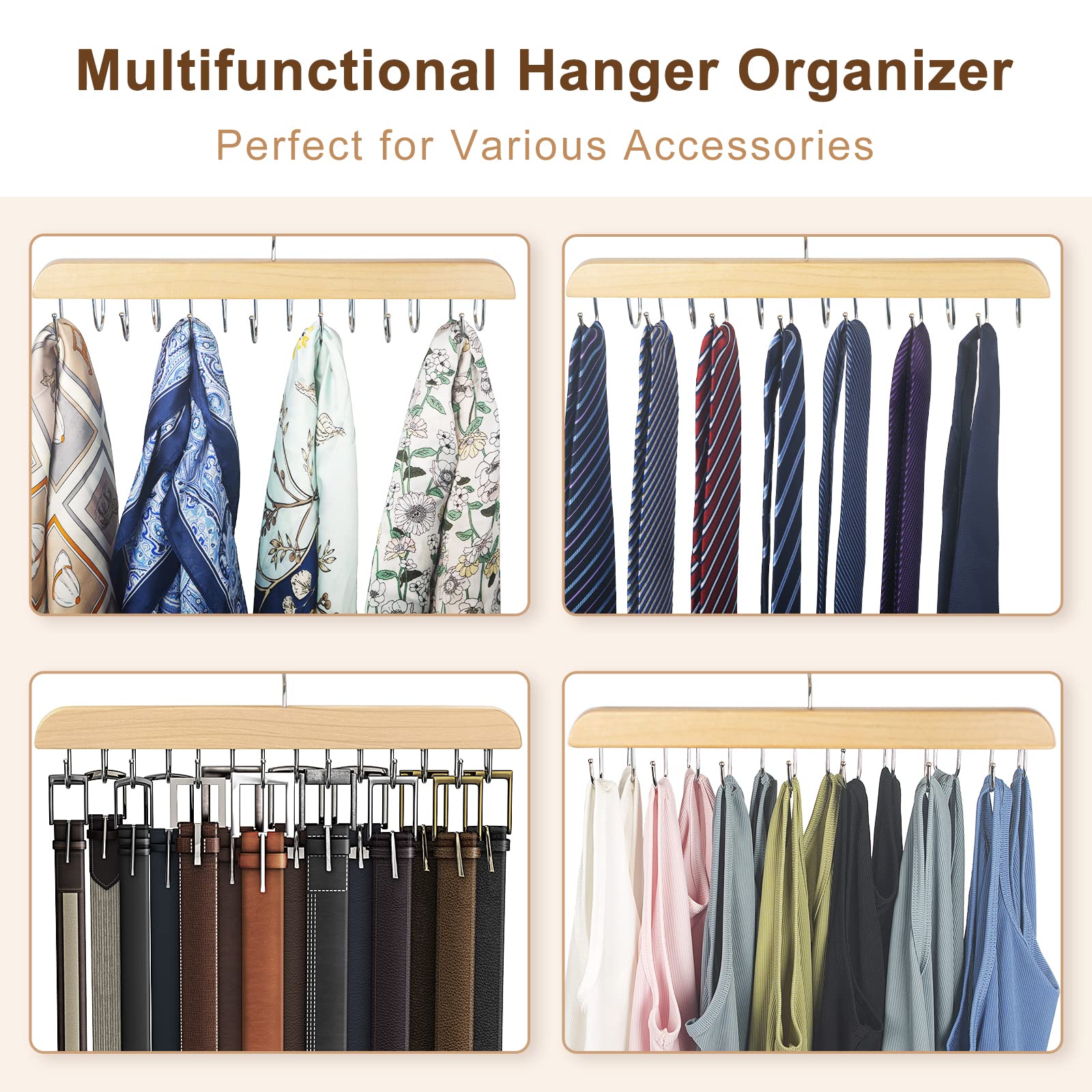 Resovo Belt Hanger for Closet, Sturdy Wood Belt Rack Closet Accessories with 14 Hooks Belt Organizer for Closet Organizers and Storage Max 42 Belts-Wood 1 Pack