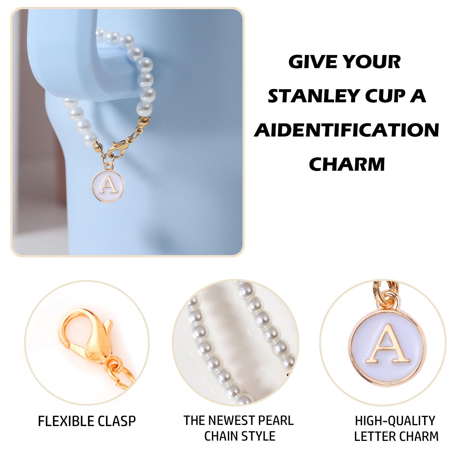 LUHOHI Letter Charm for Stanley Cup,Pearl Chain Accessories Stanley Cup Initial Charms for Handle Stuff Decor Water Bottle Jewelry Tumbler Cute Simple Modern Personalized Name ID Decorations (A)