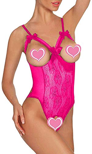 Women Sexy Teddy Lingerie One Piece Lace Babydoll Bodysuit Nightie Plus Size S-3XL (Medium, Rose Red)