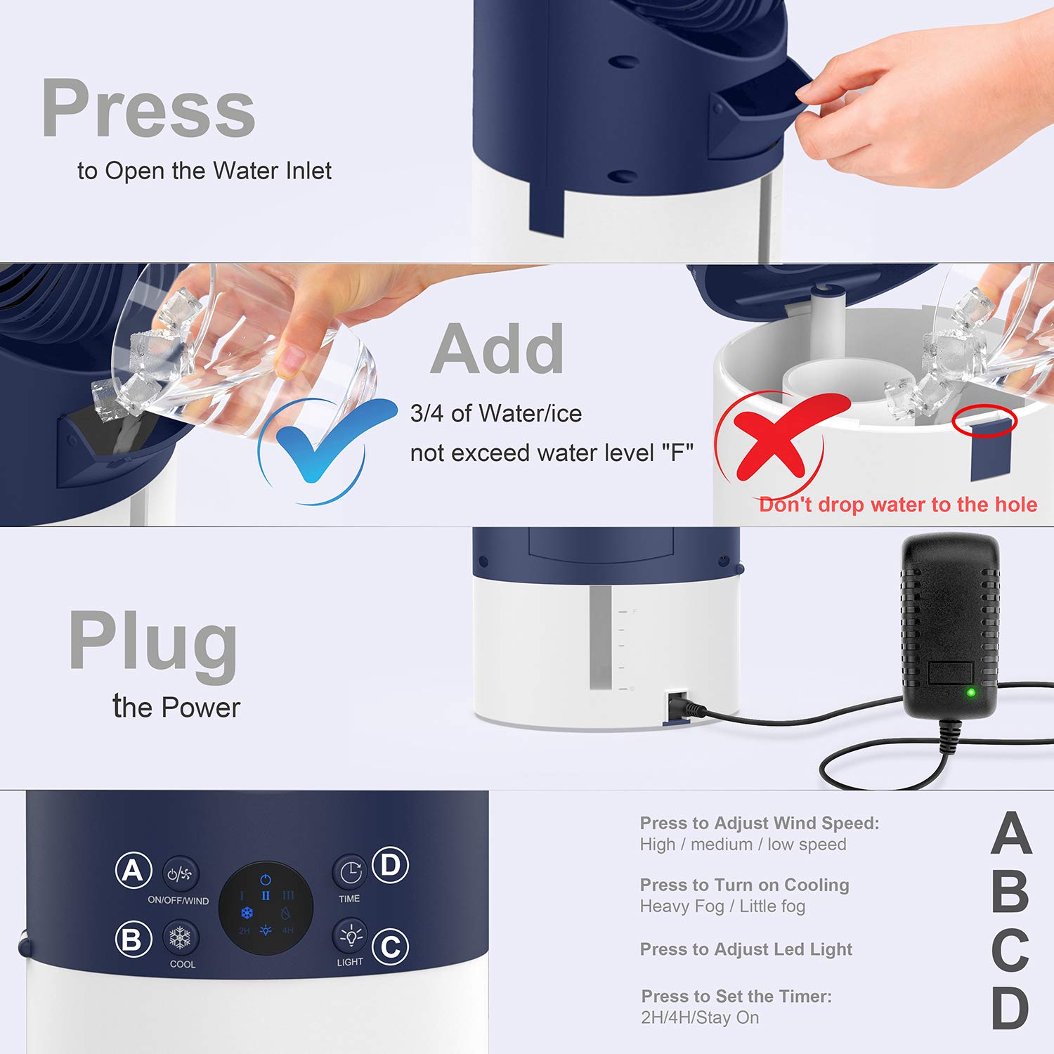 EEIEER Air Conditioner Cool Mist Humidifier Fan, 4 in 1 Timing Night Light Quiet Circulation Small Table Fans Personal Adjustable Misting Evaporative Air Cooler for Home Bedroom Office (Blue)