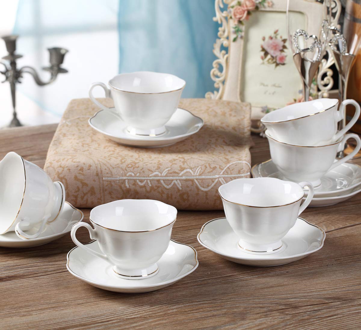 GuangYang 12 PCS White Tea Set-Fine Porcelain Tea Cup and Saucer set of 6 with Gold Line Handle for Tea Party