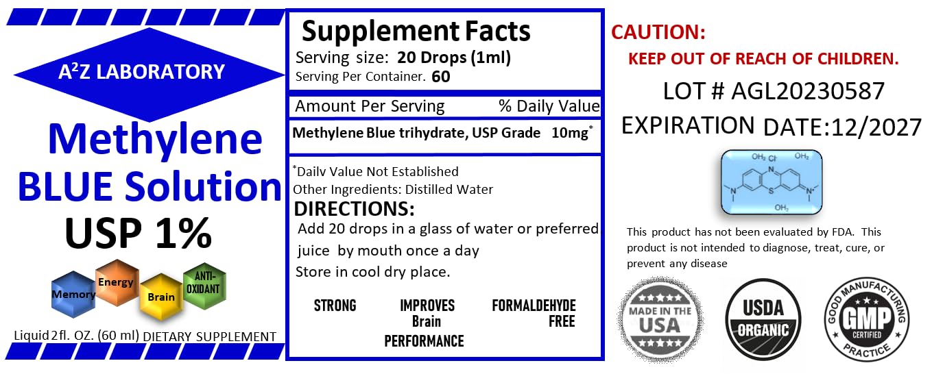 Methylene Blue 1% A2Z Laboratory | USP-Grade Methylthioninium Chloride Liquid | High Purity Dietary Supplement for Brain Function & Cognitive Health | No Formaldehyde (1) 50ml Glass Dropper Bottle