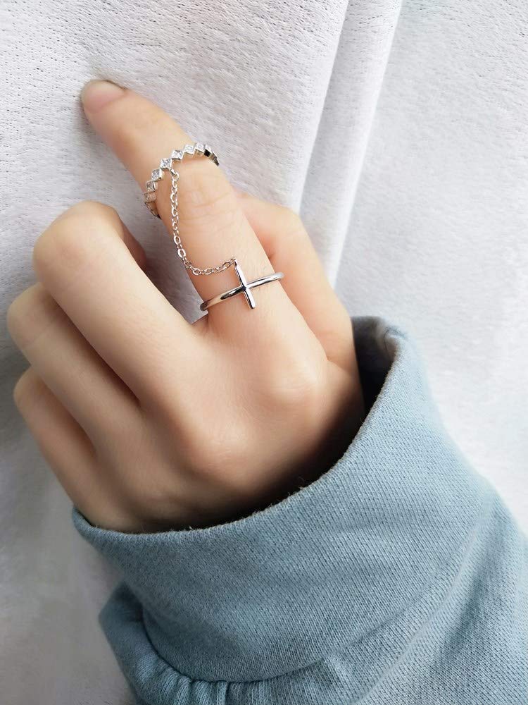 Double Open Cross Faith Rings for Women Silver Plated CZ Geometric Chain Unique knuckle Stacking Finger Adjustable Statement Engagement Ring Gifts for Her Bff Xmas