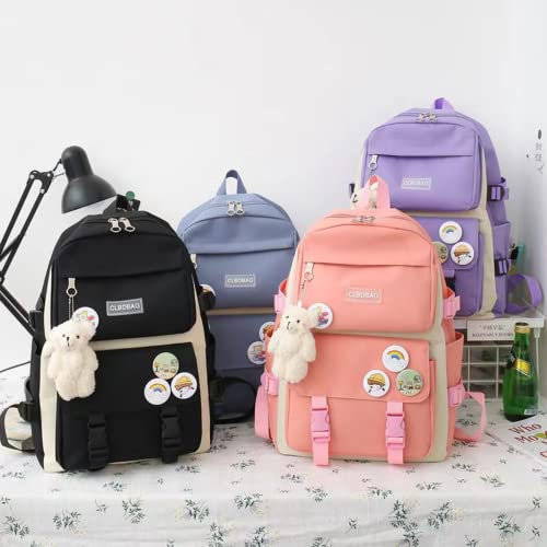 Teslawi kawaii backpack 4Pcs Set Aesthetic backpack 17in backpack,with Kawaii Pendants,Crossbody Bag ,Pencil Case, Handbag (Black)