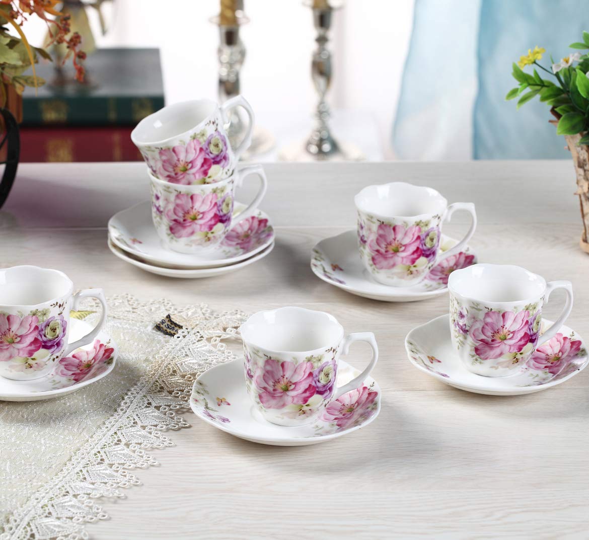 GuangYang 12 Pieces (Tiny Style) Espresso Cups and Saucers,2.5 ounce/80ml,Set of 6,Mini Premium Porcelain Coffee Cup Set, Fancy Flower Pattern Design