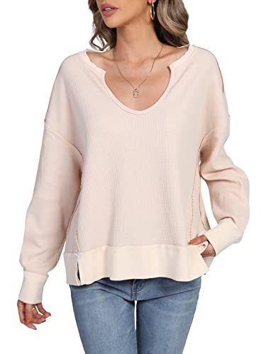 LYANER Women's V Neck Waffle Knit Long Sleeve Loose Pullover Sweatshirt Sweater Top Beige Medium