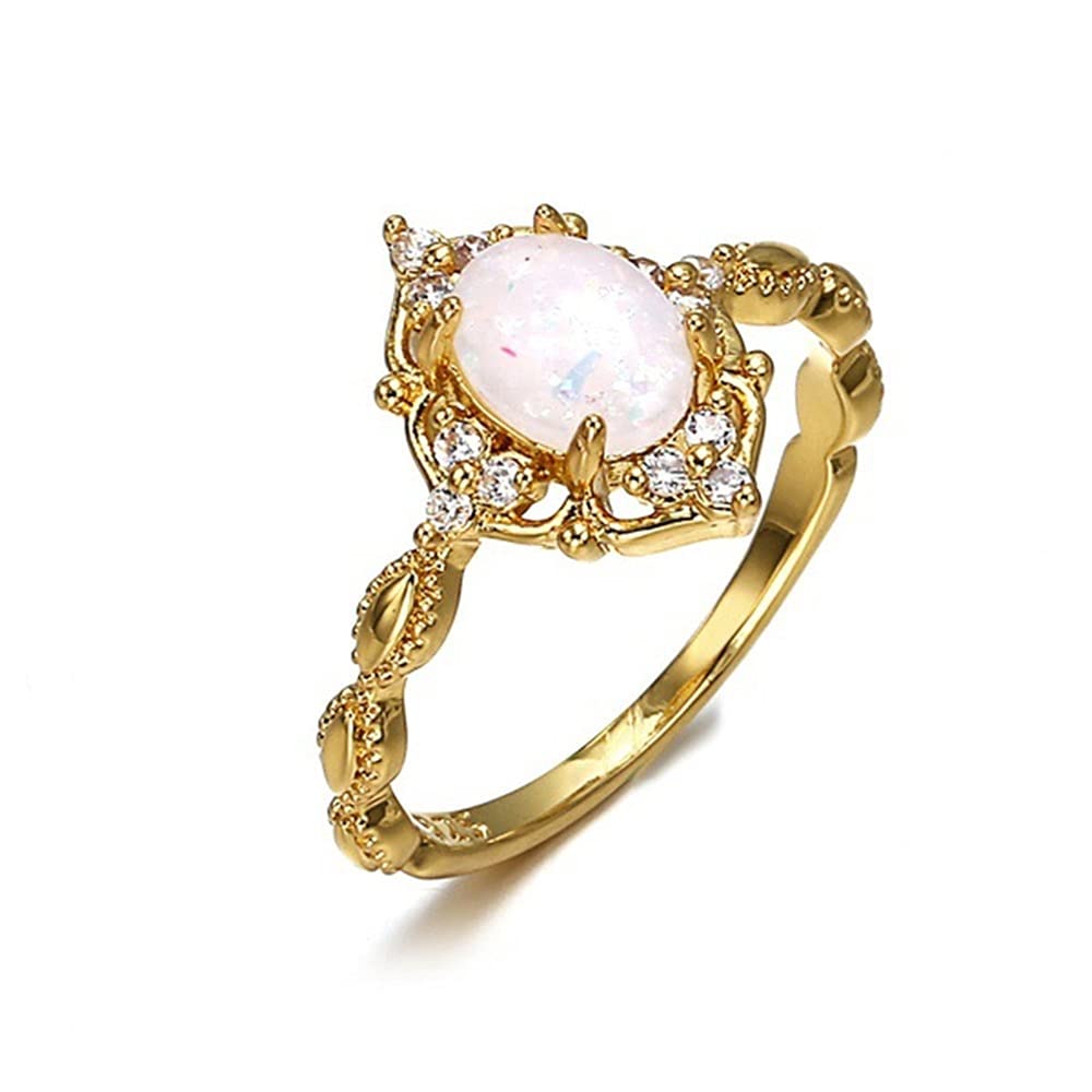 FZO 18K Yellow Gold Plated Oval Shape Opal Ring Solitaire Birthstone Ring Eternity Engagement Wedding Band Ring for Women ST.238 7