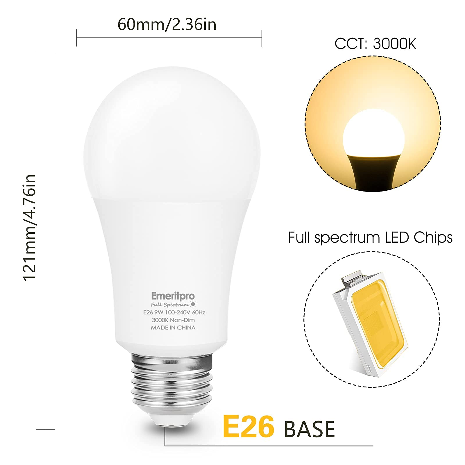 Emeritpro A19 Plant Light Bulbs, Full Spectrum Light Bulb E26 9W(80W Equivalent) for Plants, Therapy Lamp Bulb, 3000K Sunbeam for Greenhouse, Garden, Hydroponic, 2 Pack