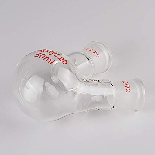 StonyLab Glass 50ml Heavy Wall 2 Neck Round Bottom Flask RBF, with 19/22 Center and Side Standard Taper Outer Joint - 50mL