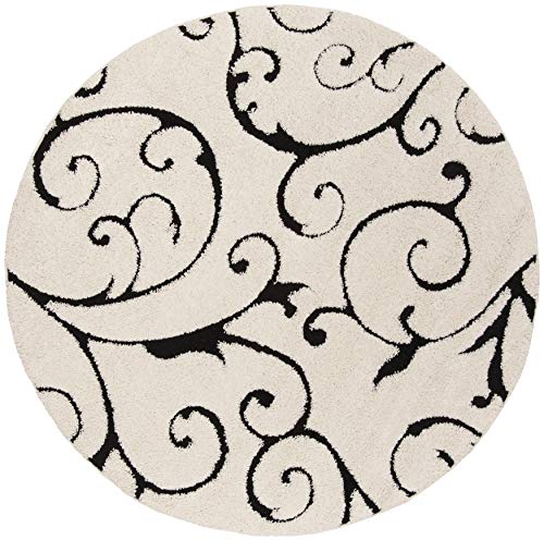 SAFAVIEH Florida Shag Collection Area Rug - 5' Round, Ivory & Black, Scroll Design, Non-Shedding & Easy Care, 1.2-inch Thick Ideal for High Traffic Areas in Living Room, Bedroom (SG455-1290)