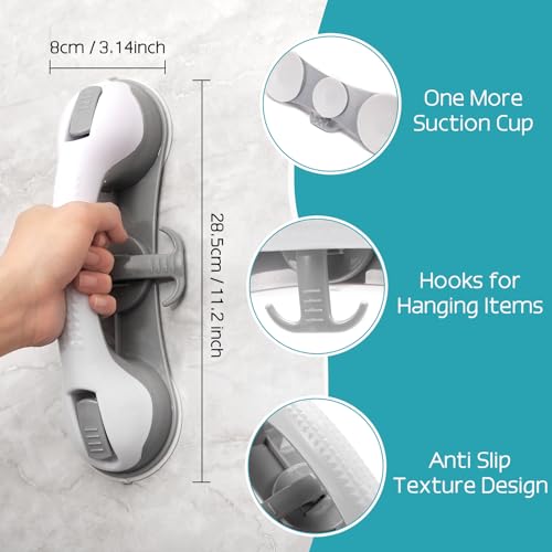 Grab Bars for Shower, 12 Inch Shower Handle 3 Strong Suction Cup Grab Bar with Hook, Safety Bars for Shower Chair Stool, Bathroom Grab Bar for Seniors, Elderly, Handicap (2 Pack)