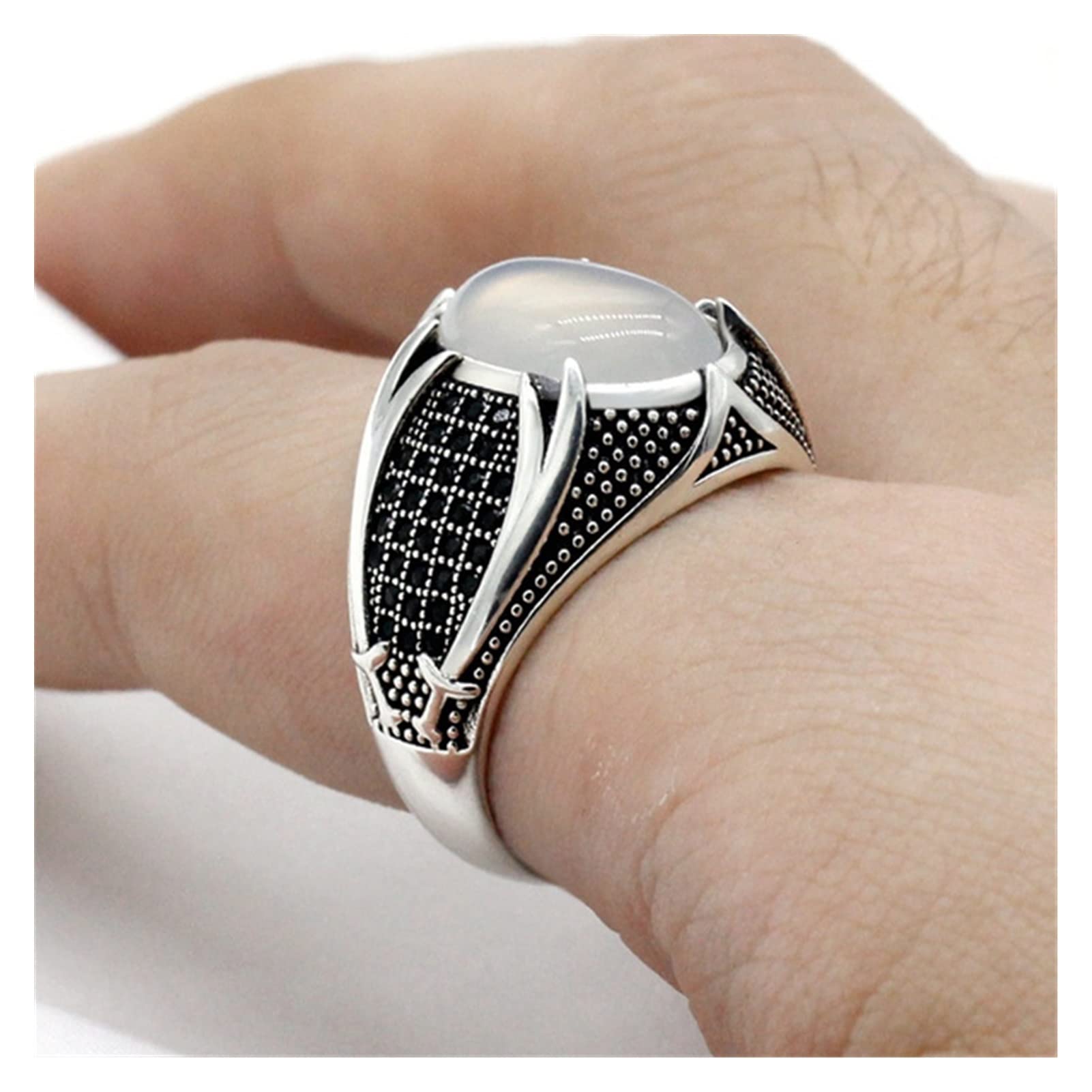 HOYEDNK Antique Ring Men's Ring White Agate Stone with Black Rings Jewelry Gift (Main Stone Color : Silver, Ring Size : 10)
