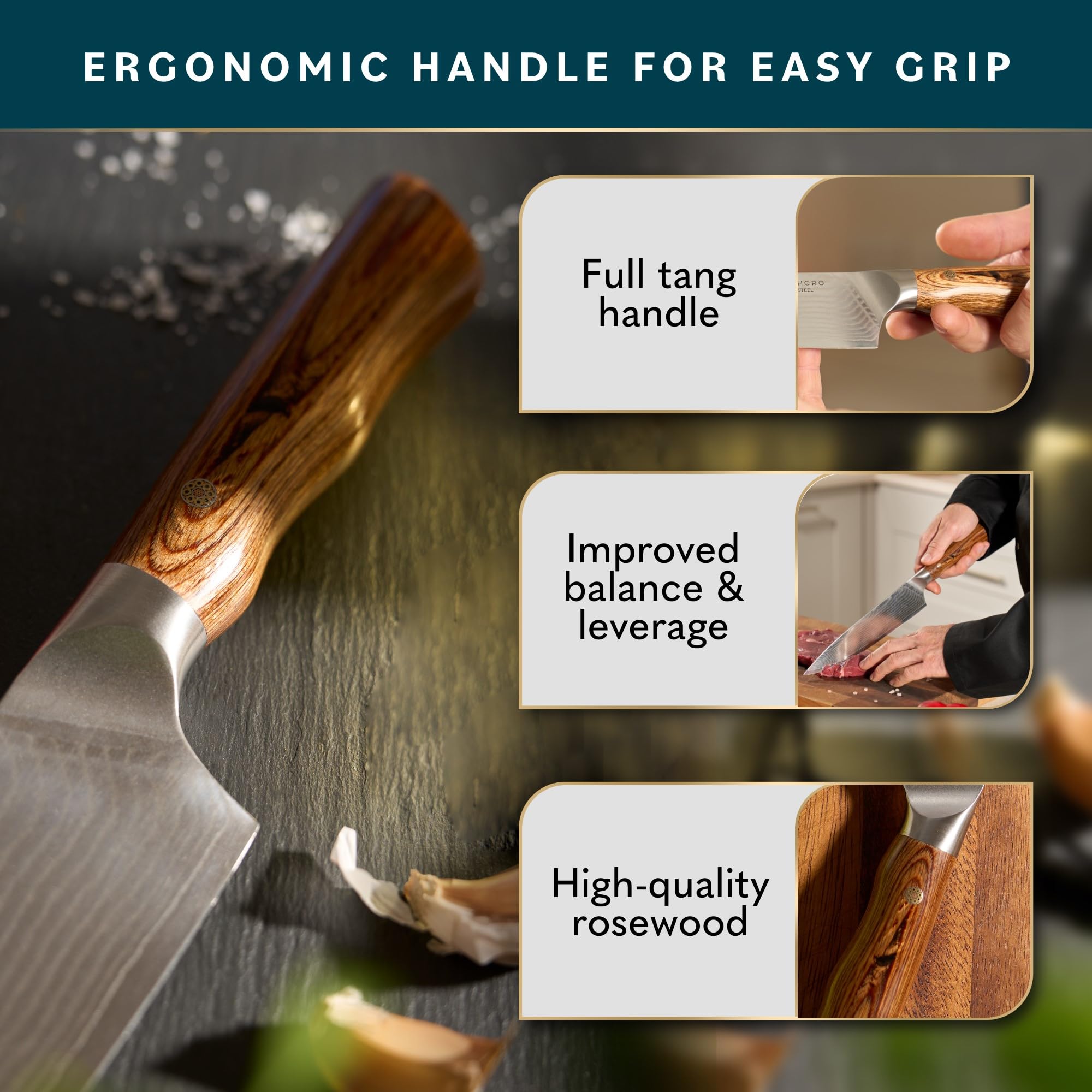 Home Hero 2 Pcs Japanese Knife Collection with Sheath - VG10 Damascus Steel Triple Rivet Kitchen Knife - Ultra Sharp 67 Layers Damascus Knife with Ergonomic Rosewood Handle (8 Inch Chef Knife)