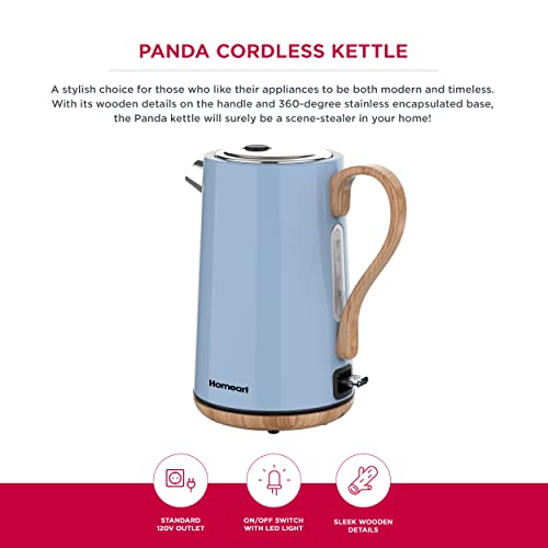Homeart Panda Cordless Electric Kettle with Wood Detail - Stainless Steel With Removable Filter, Fast Boiling and Auto Shut-off - 1.7L Capacity, Powder Blue