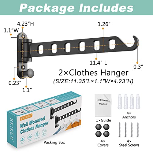 SKIKEN Wall Mounted Clothes Hanger with Swing Arm, Laundry Room Dryer Rack, Folding Valet Hook, Sturdy Hanging, Foldable 180°Rotation, Solid Aluminum (2-Pack, Black)