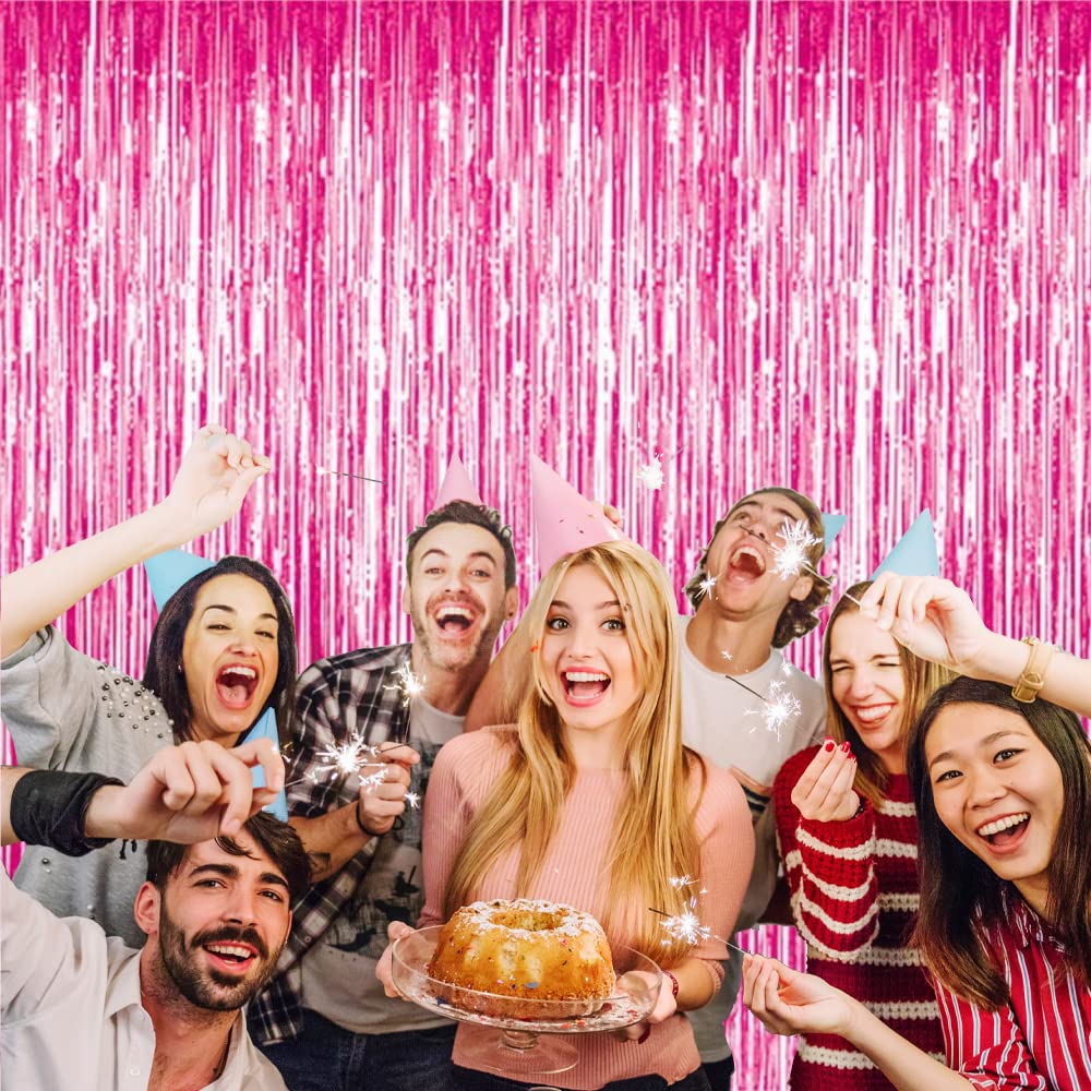 GOER 3.2 ft x 9.8 ft Metallic Tinsel Foil Fringe Curtains Party Photo Backdrop Party Streamers for Galentines Day,Birthday,Graduation,New Year Eve Decorations Wedding Decor (5 Packs,Hot Pink)