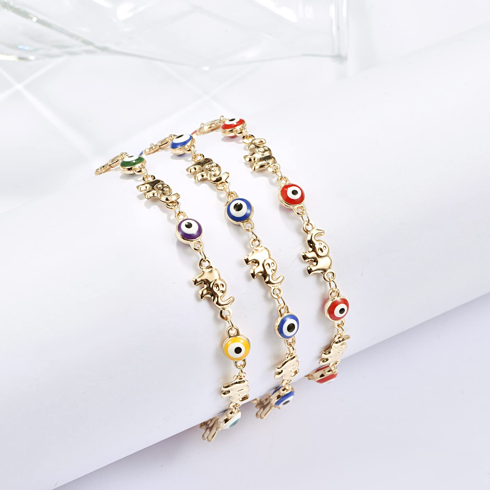 Evil Eye Bracelets 14K Gold Plated Handmade Adjustable Link Chain Elephant Bracelet for Women Evil Eye Jewelry Gift