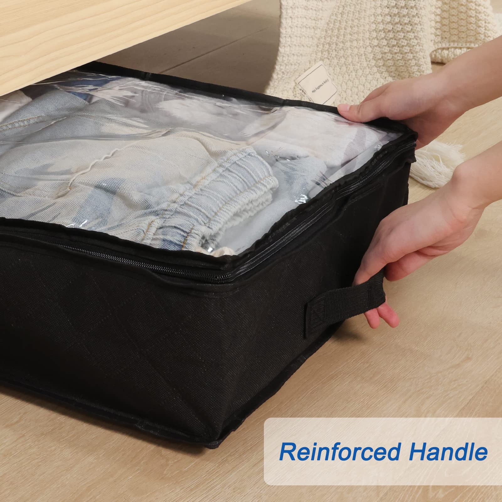 Fixwal Black Underbed Storage Bags with Clear Window and 2 Reinforced Handles Under Bed Storage Containers for Clothing, Bedding, Comforter(6 Pack)