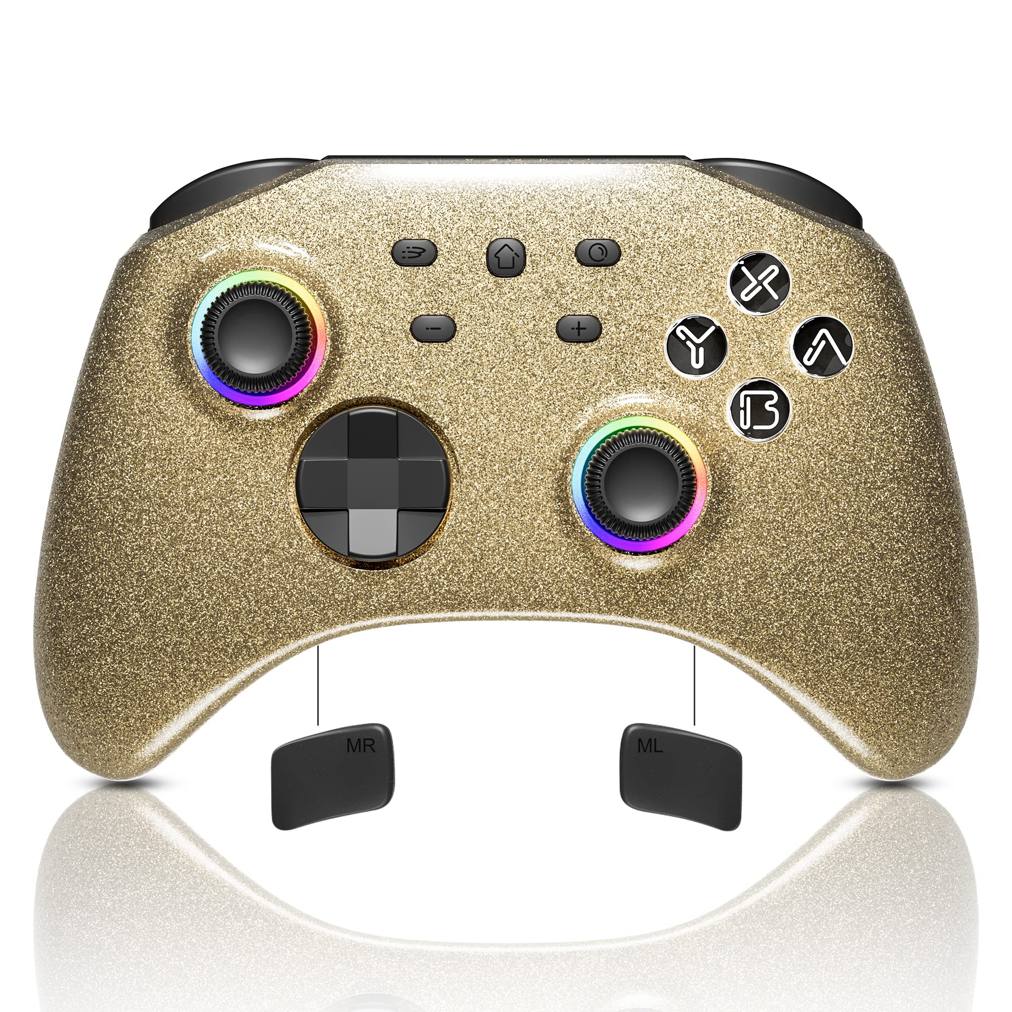 Gold Wireless Switch Controller for Switch/OLED/Lite Steam Deck, Pro Controller with Turbo, Motion, Vibration, Wake-Up, Headphone Jack and Dynamic Joystick RGB Lighting, Gaming Genshin Impact