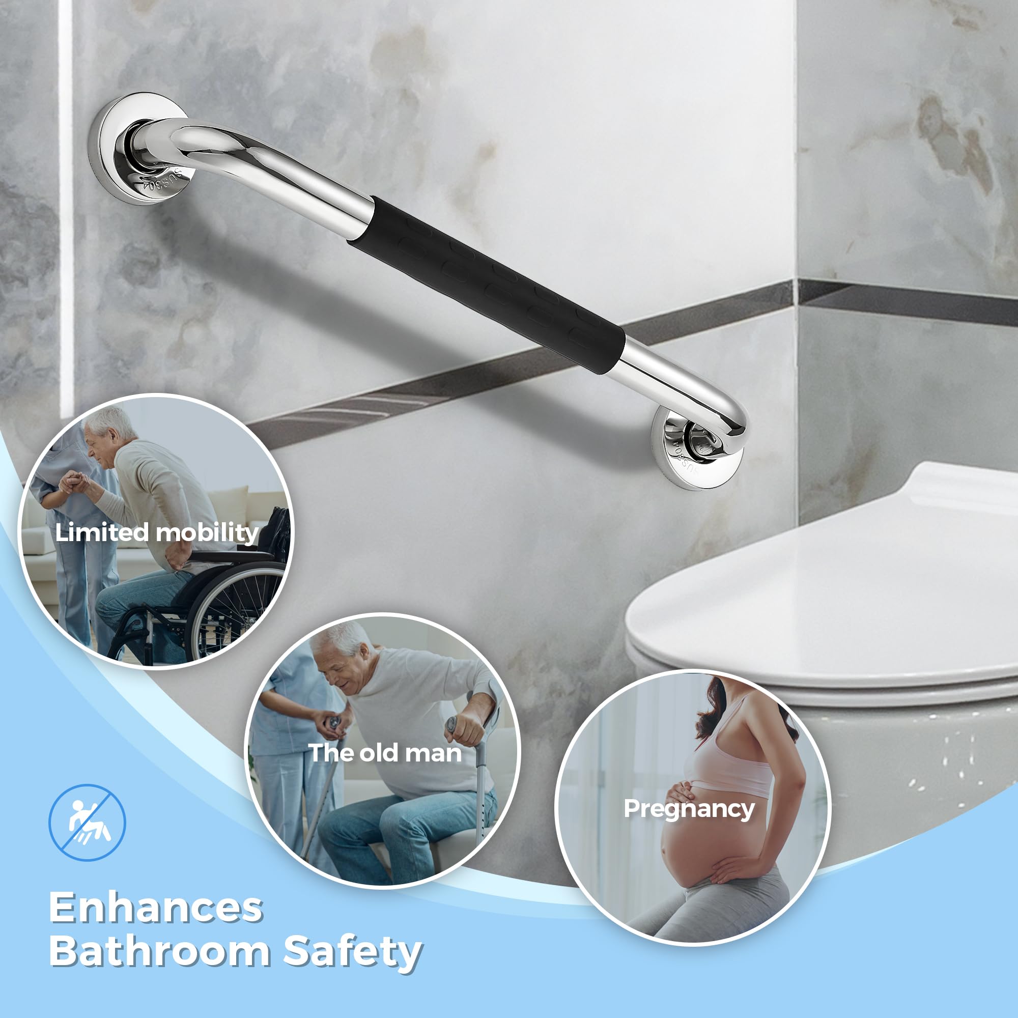 Grab Bars for Shower,2 Pack 16 Inch Anti-Slip Shower Handle with Rubber Grip, Silver Safety Shower Bar, Stainless Steel Handicap Grab Bars for Elderly for Wall (1" Diameter)
