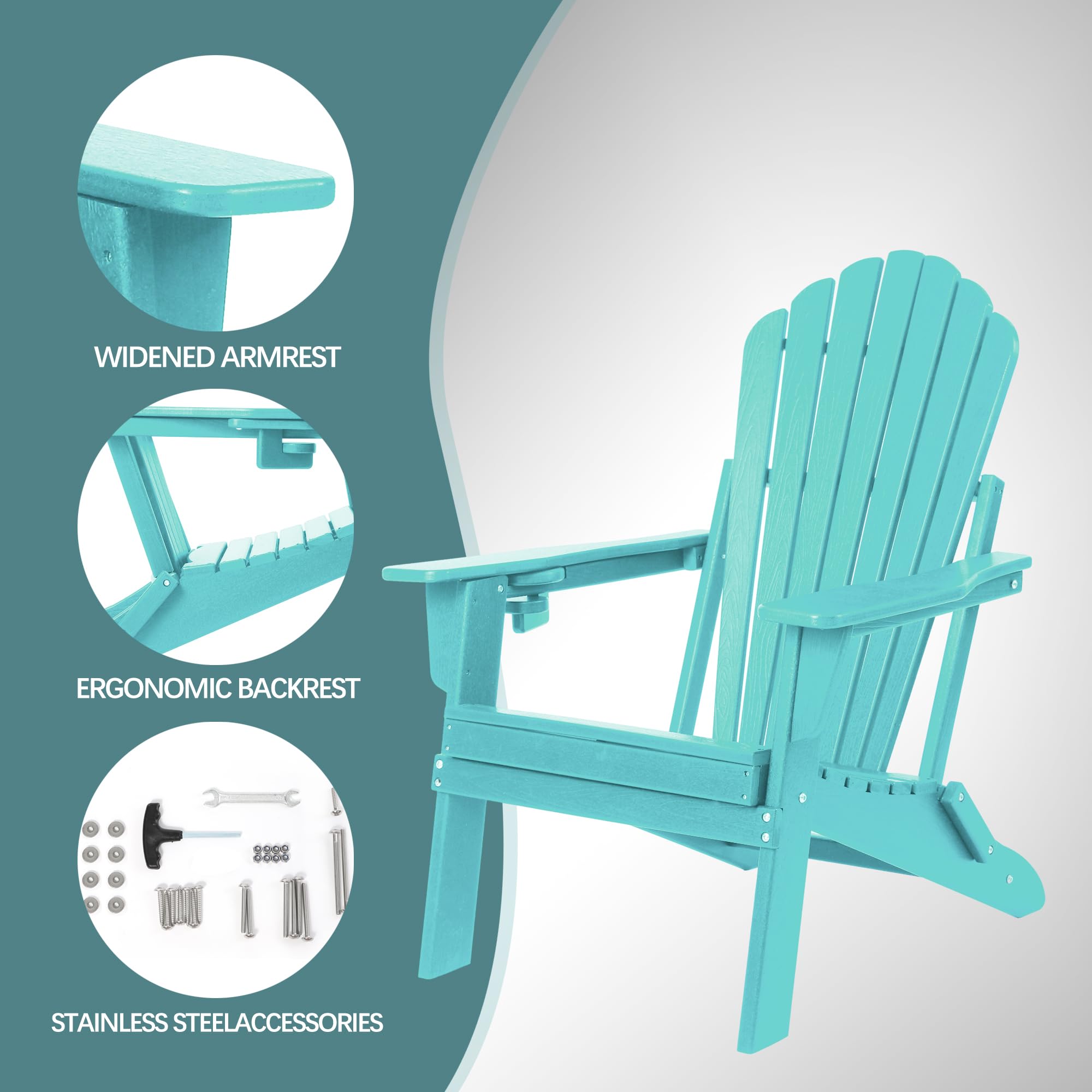 Plawdlik Folding Adirondack Chair,SGS Tested,Wooden Textured with Cup Holder,Widened Heavy All-Weather HDPE Comfortable Seating for Ourdoor Gery