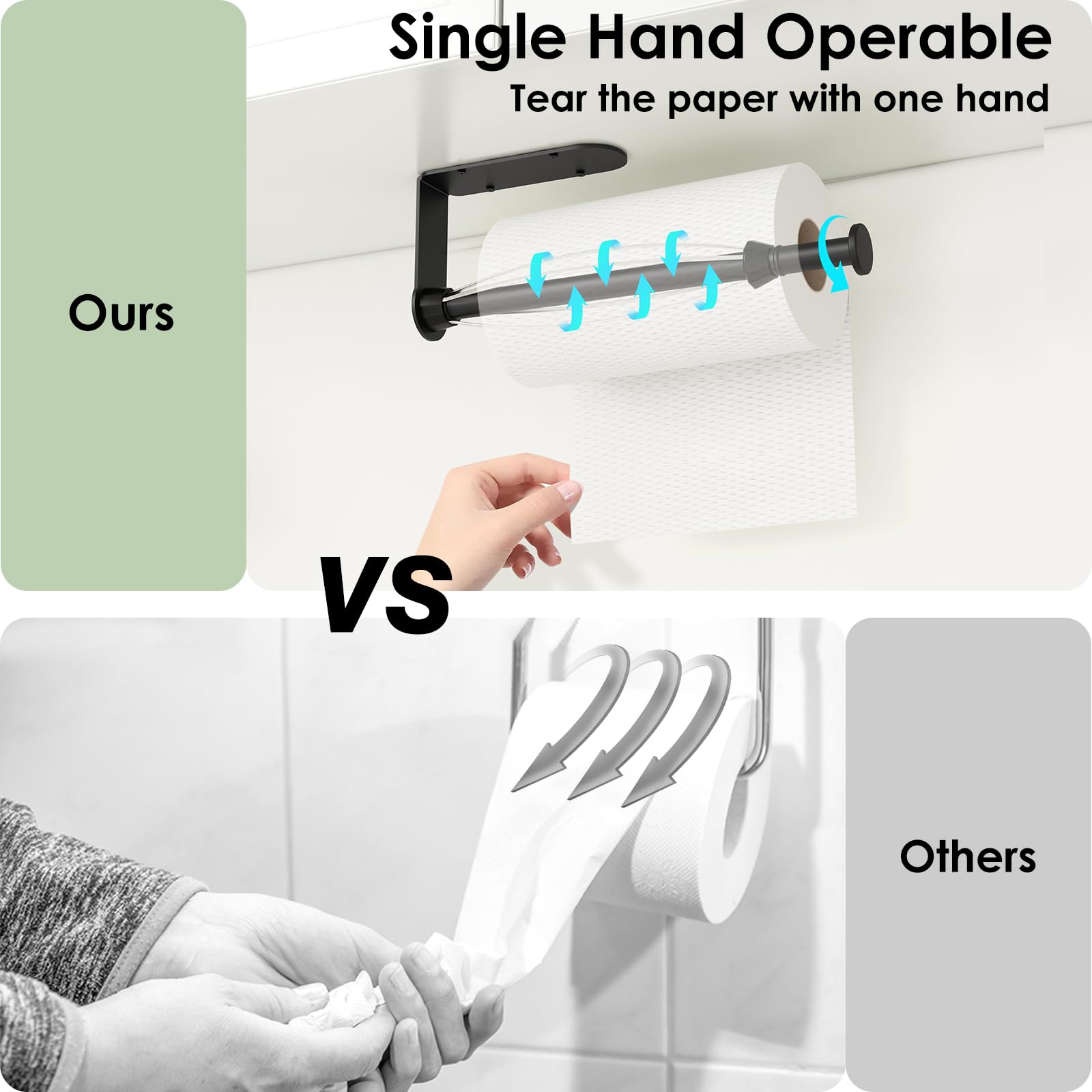 Fixwal Paper Towel Holder Under Cabinet, Single Hand Operable Wall Mount Paper Towel Holder with Damping Effect, Bend-Resistant, Self-Adhesive or Drill Mounting for Kitchen Bathroom, Black