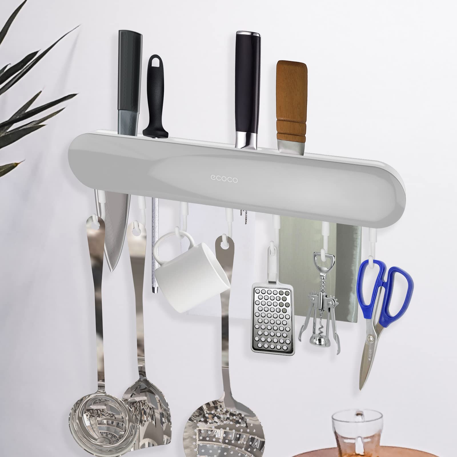 hancook Adhesive Knife Holder with 3 Slots for Knives Easy Cleaning Wall-Mounted Kitchen Knife Block 7 Hooks for Utensils