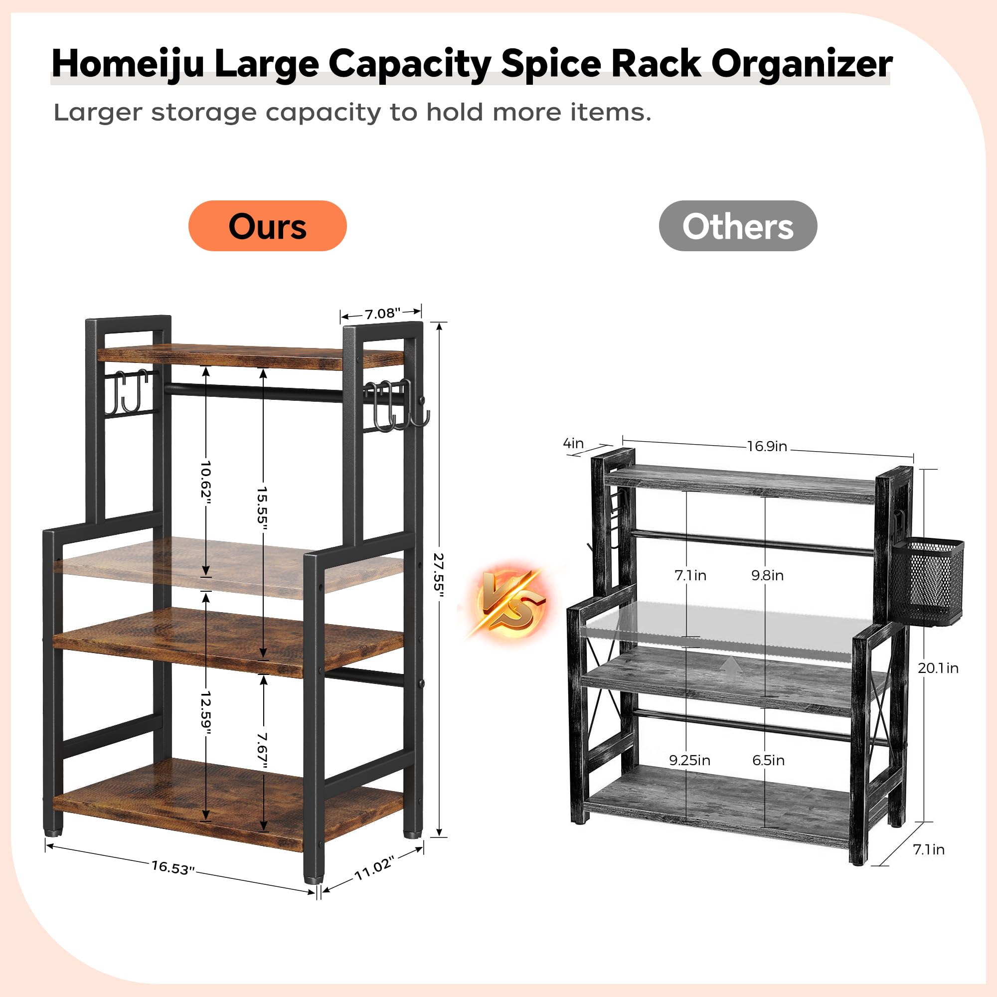 Kitchen Countertop Organizer,3 Tier Large Spice Rack Organizer with Adjustable Shelf and 5 Hooks,Wooden Counter Organizer,Space Saving Countertop Shelf Microwave Stand for Kitchen,Bathroom,Coffee Bar