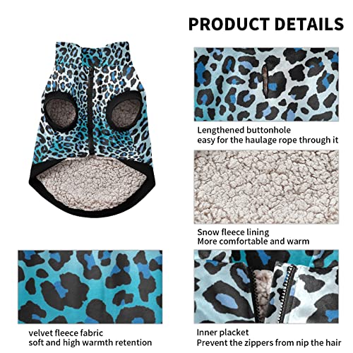 Kigai Blue Leopard Dog Coat Fleece Warm Windproof Pet Clothes for Snow Cold Weather, Soft Cozy Breathable Dog Winter Jacket for Small Medium Large Dogs with Leash Hole Pet Coat(XXS - XL)