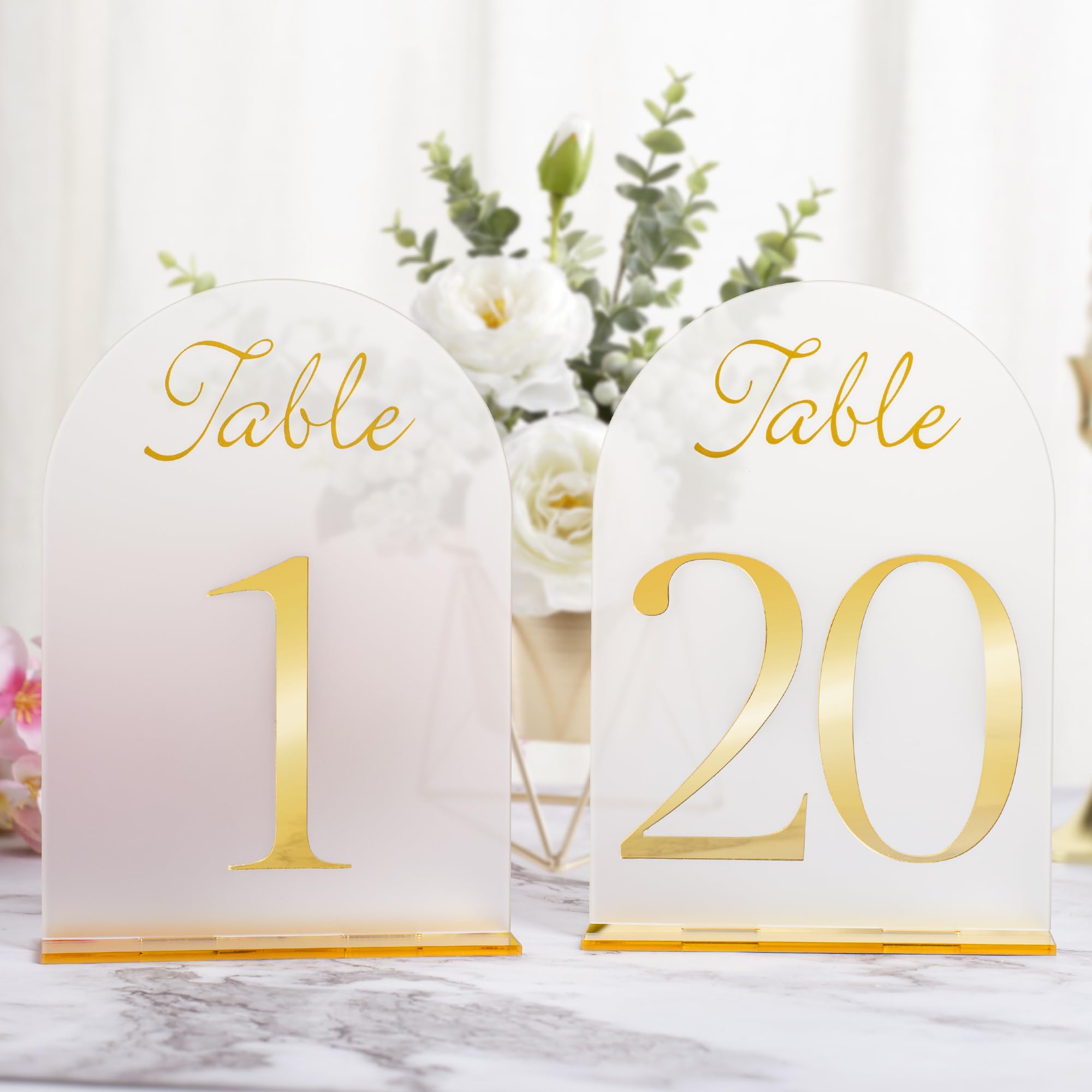 RoyalDecor's Frosted Arched Acrylic Table Numbers 1-20 with Gold Mirror Number and Stands - Perfect Wedding Table Decorations Accessories - Small Number Stand Centerpieces for Reception Tables - 5x7