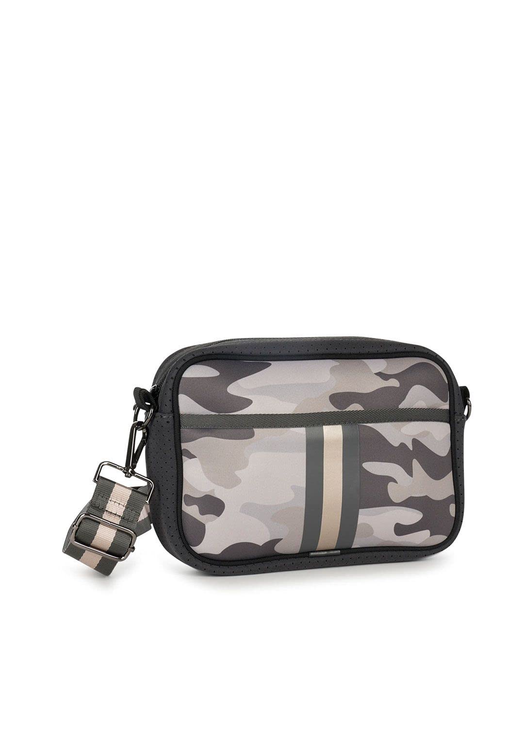 Haute Shore - Drew Safari Crossbody Tote, Taupe Camo W/Charcoal & Rosegold Stripe
