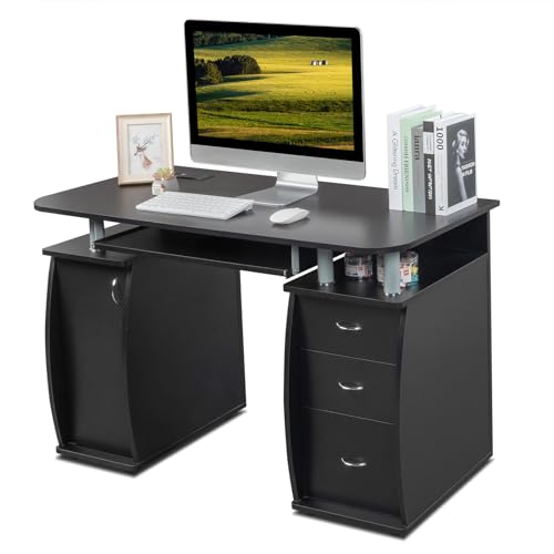 DESIGNSCAPE3D Modern Black Computer Desk with Keyboard Tray, 3 Drawers, and Charging Station - Home Office Desk for Efficiency and Style