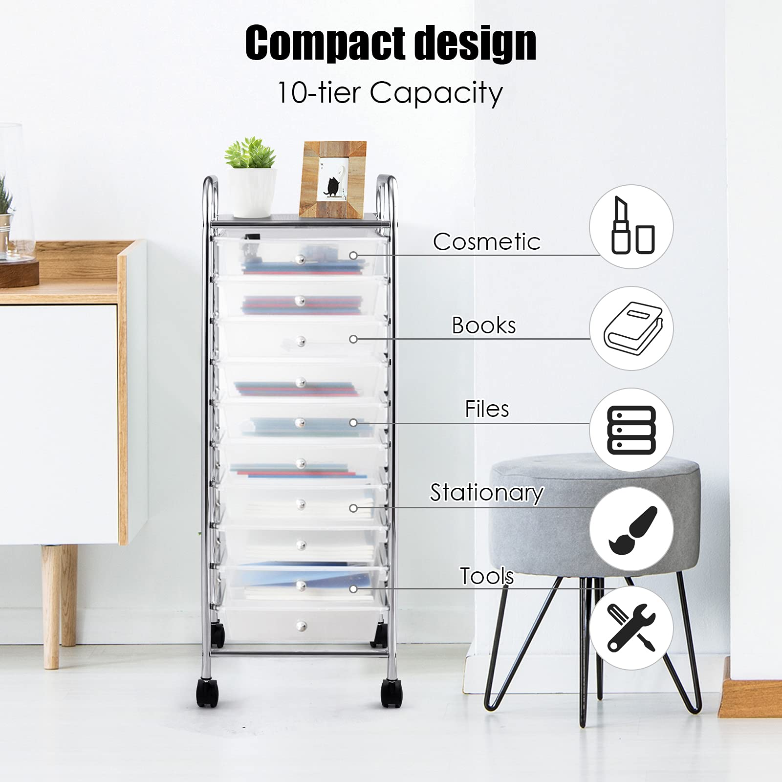 GOFLAME Rolling Drawer Cart with 10 Drawers, Utility Storage Organizer Cart with Wheels and Metal Frame, Art Cart for Office, School, Home, Clear