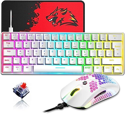 SELORSS ZIYOULANG T60 60% Compact Mechanical Gaming Keyboard RGB Chroma Type C Ergonomic Mini Keyboard UK Layout 12000DPI Gaming Mouse Honeycomb Shell for PC/PS4/PS5/Xbox(Red Switch)