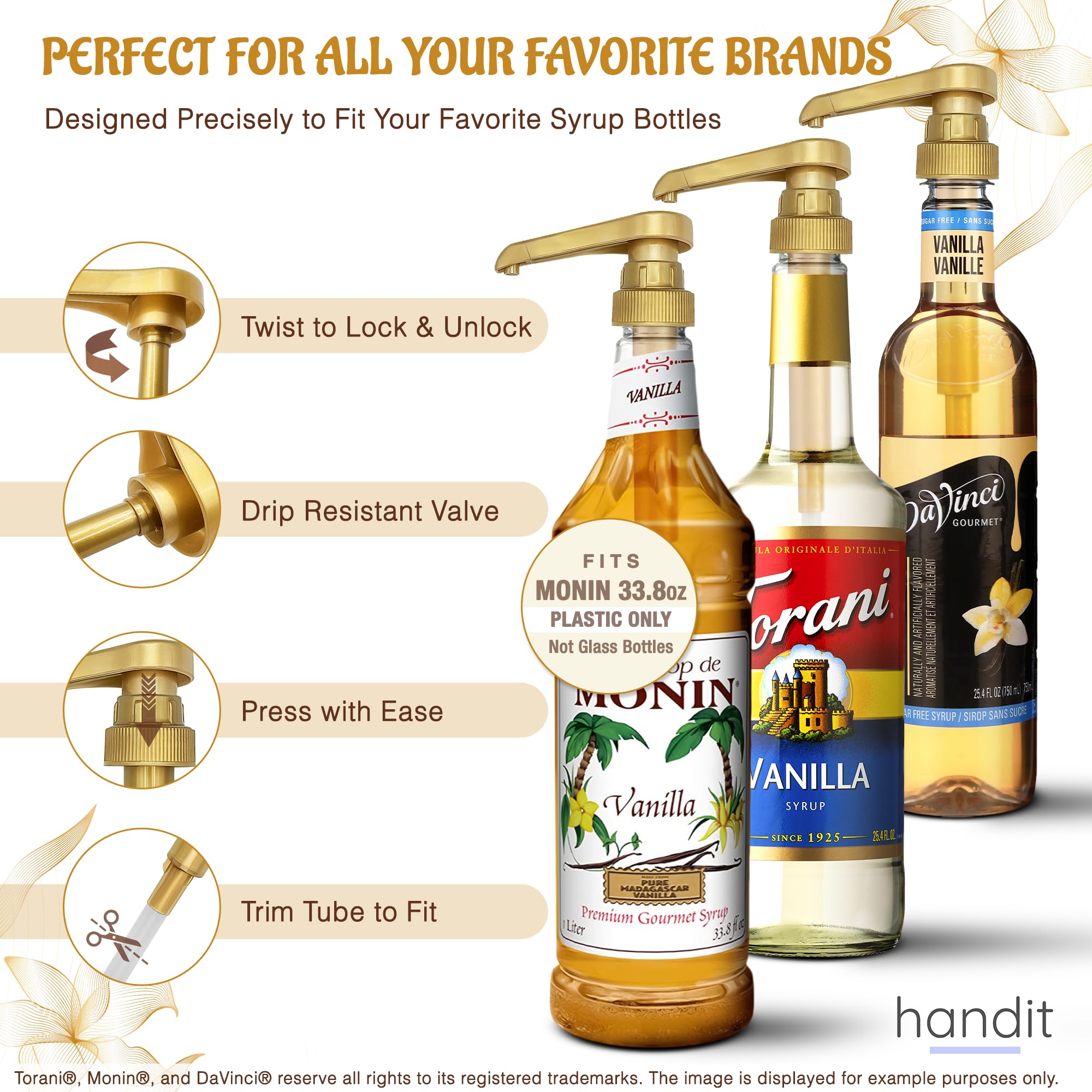 HANDIT - Gold Coffee Syrup Commercial Beverage Dispenser Pumps | Fits Liter 750ml / 25-4oz Syrups Torani, DaVinci, Jordan's Skinny (Monin 33.8oz Plastic Bottles) (6 Pack)