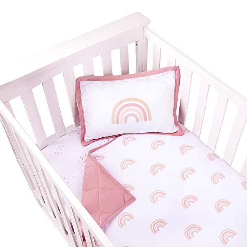 Ely's & Co. Baby Crib Bedding Sets for Girls β 4 Piece Set Includes Crib Sheet, Quilted Blanket, Crib Skirt, and Baby Pillowcase β Pink Rainbow Design