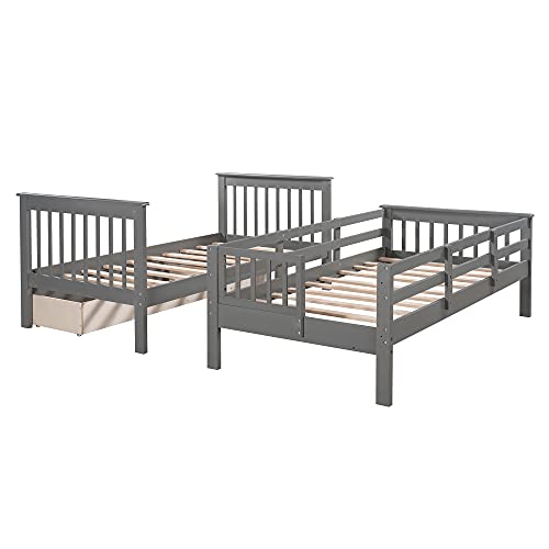 MERITLINE Twin Bunk Bed with Storage Drawer, Wood Twin Over Twin Bunk Beds with Stairs, Low Bunk Beds Frame for Teens Boys Girl(Grey)