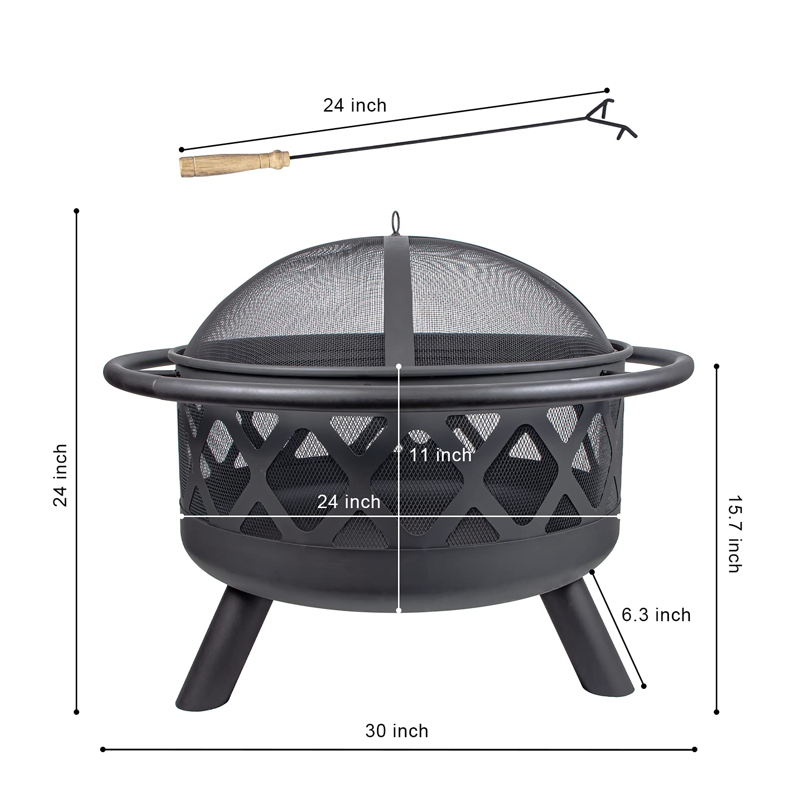 Fire Pits 30'' Outdoor Wood Burning Firepit Bowl with Spark Screen Cover Log Grate Fire Poker Steel Round Fireplace for Outside Camping Bonfire Beach Patio Backyard,Black1