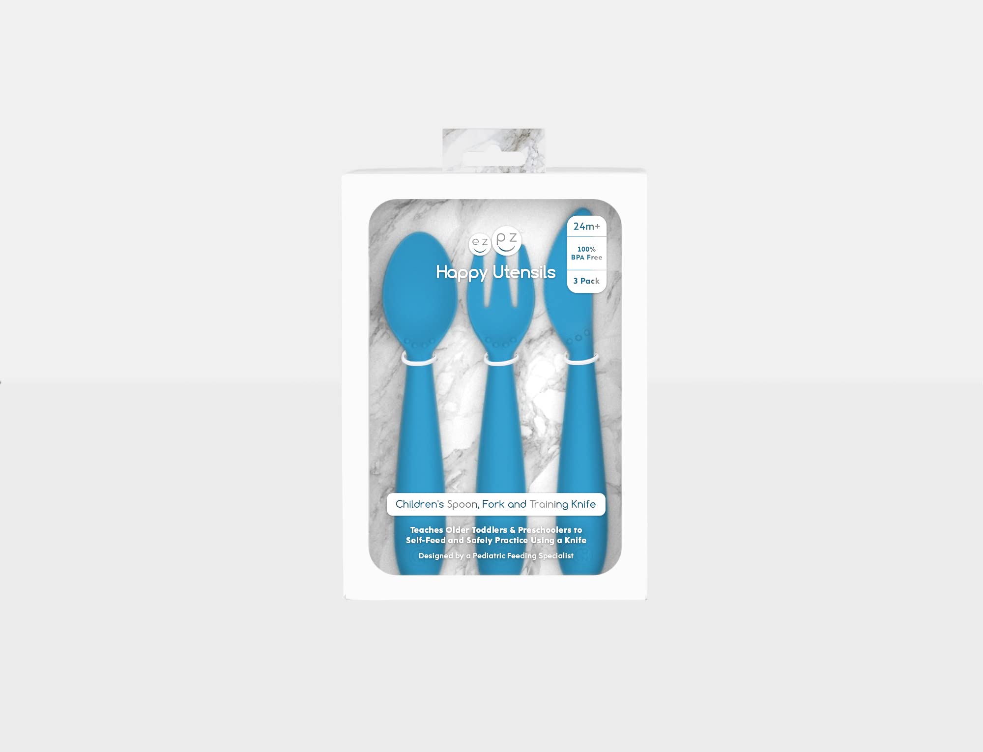 ezpz Happy Utensils - 100% BPA Free Fork, Spoon & Knife for Toddlers + Preschoolers + Self-Feeding - Designed by a Pediatric Feeding Specialist - 24 Months+ (Blue)