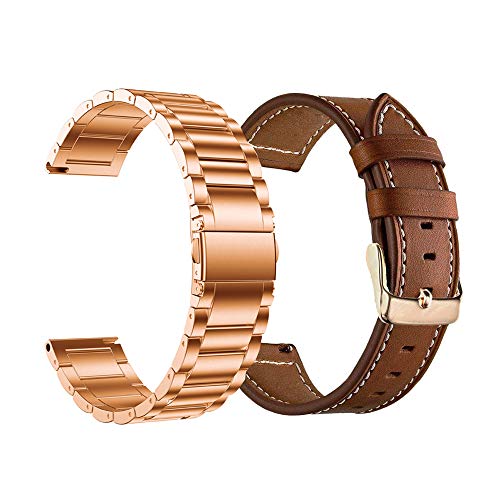 Yeejok Venu 2S Watch Bands, Vivoactive 4S 40mm Bands, 18mm Metal Band + Replacement Quick Released Genuine Leather Strap Compatible for Garmin Vivoactive 3S 39mm Smart Watch Women, Rose Gold+Brown
