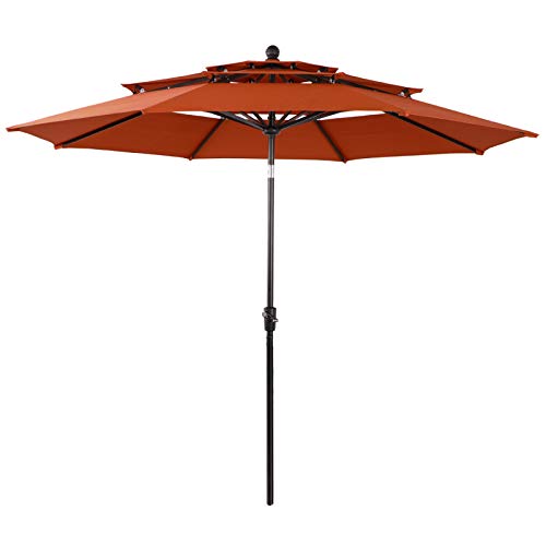 PHI VILLA 10ft Patio Umbrella Outdoor 3 Tier Vented Market Table Umbrella with 1.5" Aluminum Pole and 8 Sturdy Ribs, (Orange Red)