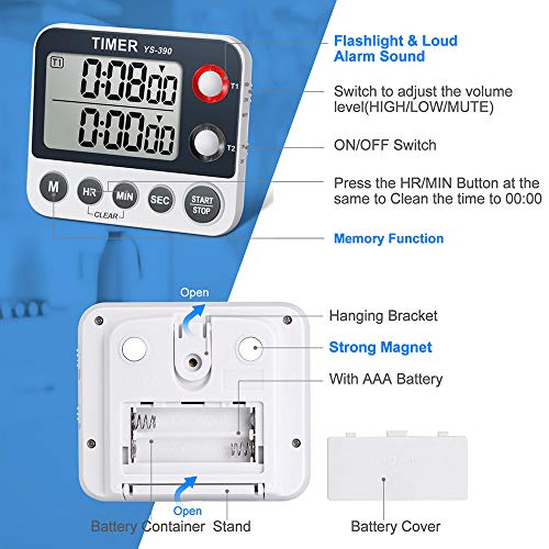 HomeMall Digital Dual Kitchen Timer, Cooking Timer, Dual Count Up & Down Timer with Magnetic Back, Large Display, Adjustable Volume and Flashing Alarm Light, ON/Off Switch Stopwatch, Battery Included