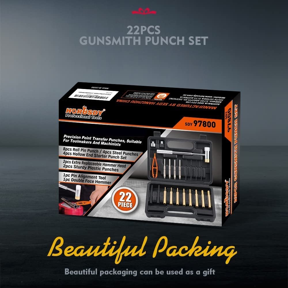 HORUSDY 22-Piece Punch Set and Hammer with Brass, Hollow, Steel, Plastic Punches, Brass Punch for Maintenance.