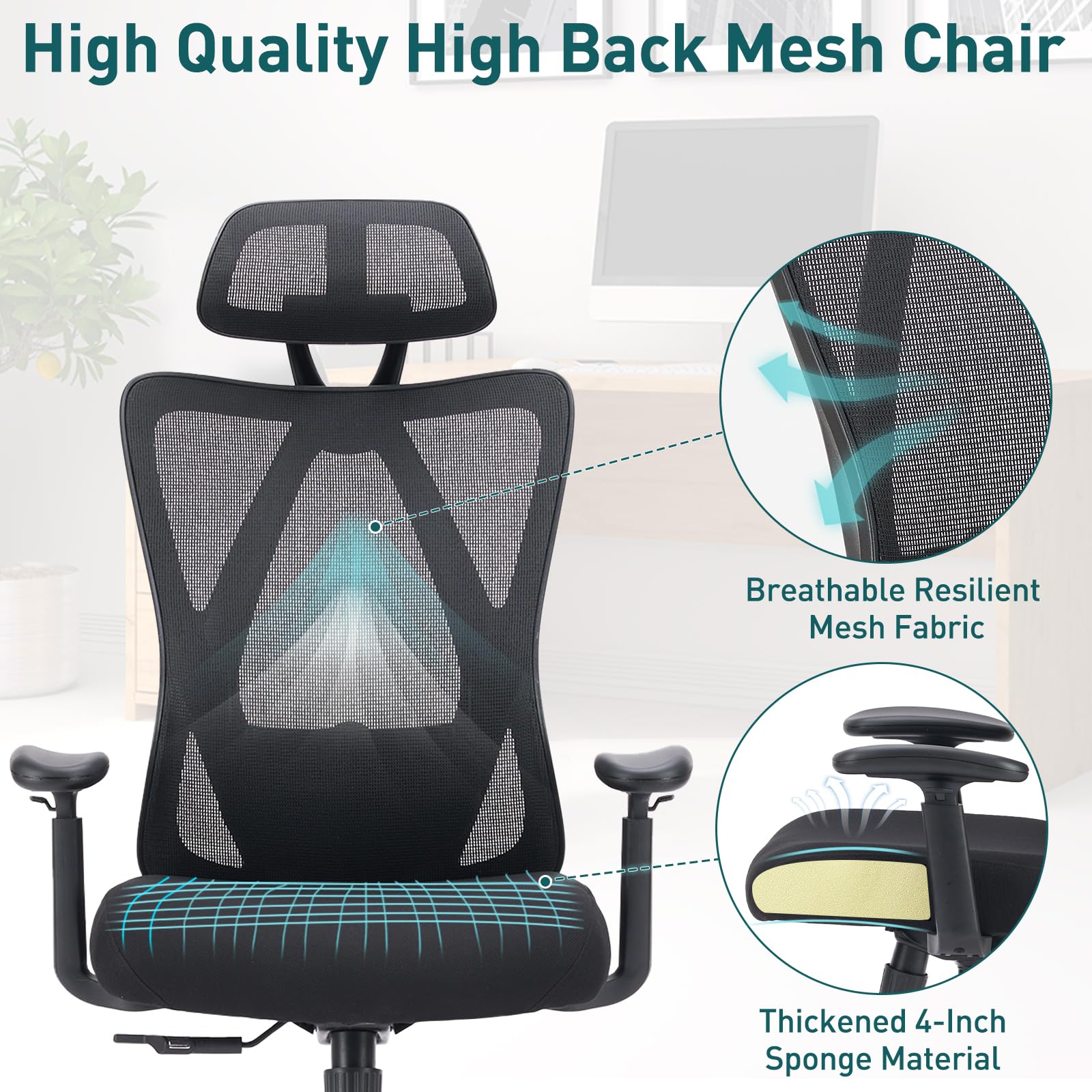 Ergonomic Office Chair - Executive High Back Desk Chair with 2D Flip-up Armrests, Height Adjustable Gaming Chair with Lumbar Support, Adjustable Headrest, 360°Swivel Mesh Task Chair with Tilt Function