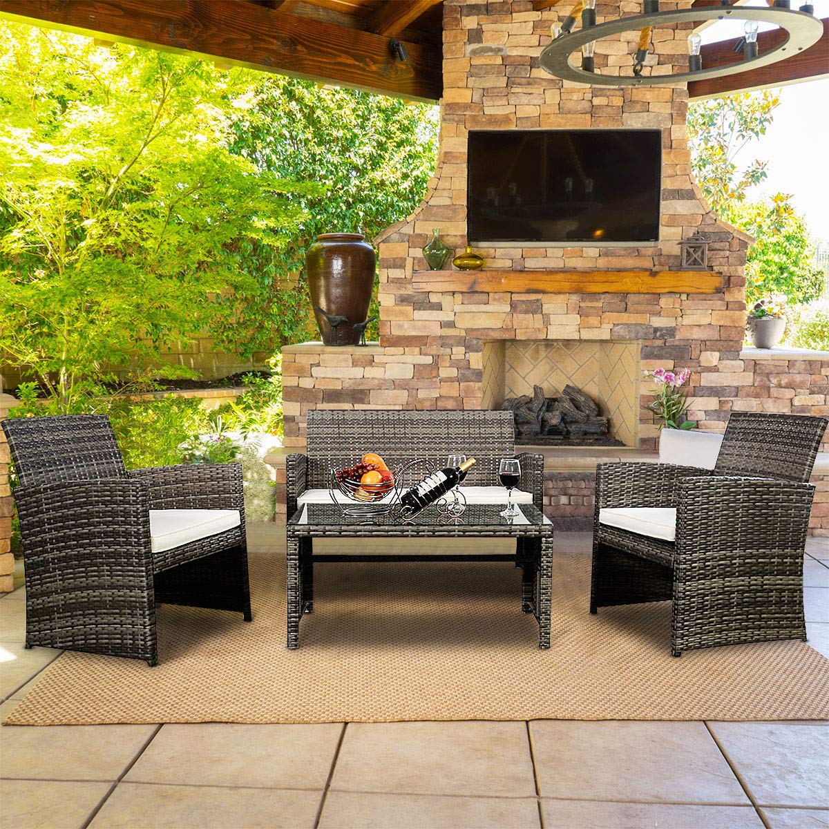 Tangkula AM0948HM Lawn Garden PE Rattan Wicker Furniture (Brown) 4 Piece Outdoor Patio Sofa Set
