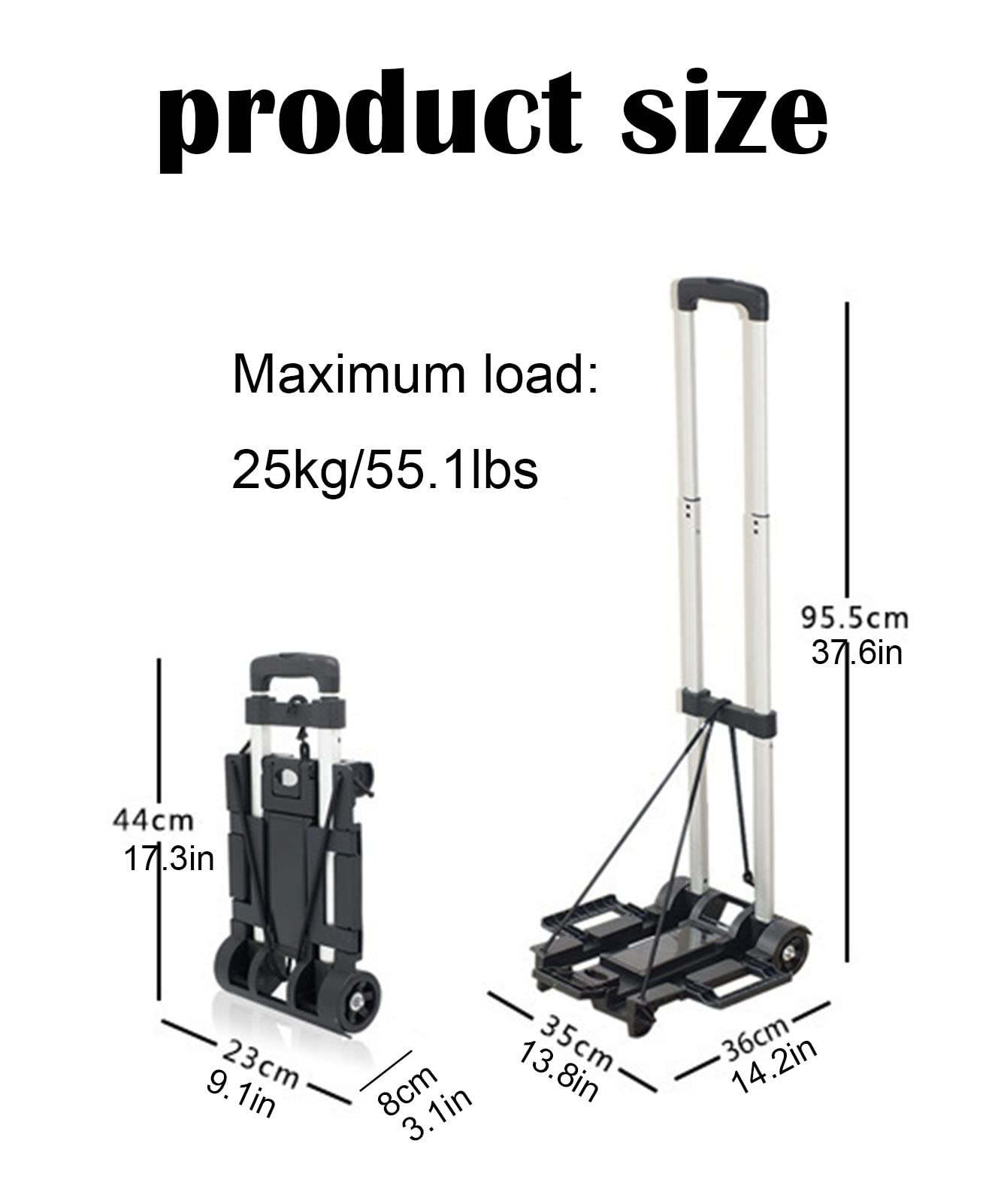 Hand Truck Folding Ultility Cart 55.1lbs Maximum Load Heavy-Duty Luggage Cart Foldable Cart with Telescoping Handle and 2 Rubber Wheels for Travel Moving and Office Use