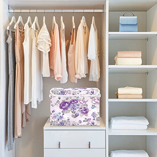 Kigai Collapsible Beautiful Purple Flowers Storage Basket with Lids and Handles,Storage Bins for Shelves Closet Bedroom,Office Storage