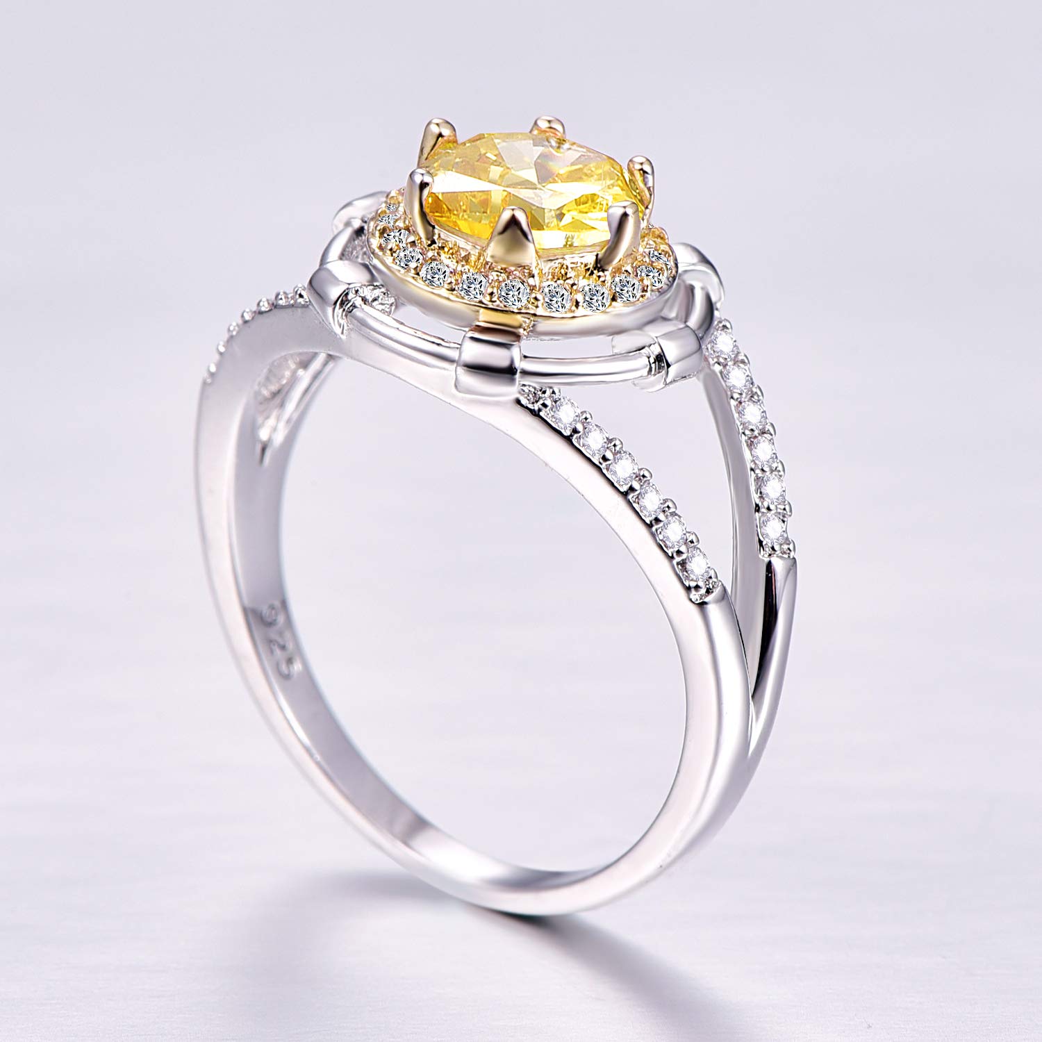 Emsione 925 Sterling Silver Plated Created Citrine Round CZ Cut Halo with Round Side Stones Eternity Ring Anniversary Wedding Engagement Band Ring Size 8 Color Yellow